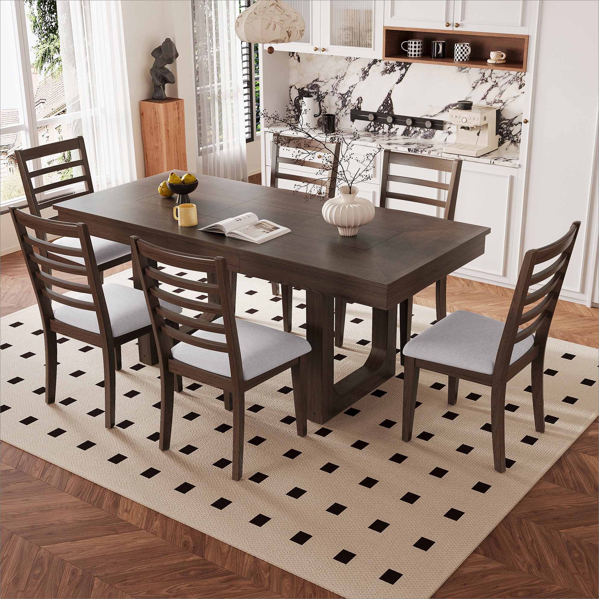 DSUNNER 7 Piece Extendable Dining Table Set, Farmhouse Extendable Table with 18" Move Leaf, 78 ...